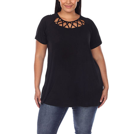 White Mark Plus Size Crisscross Cutout Short Sleeve Top - Black