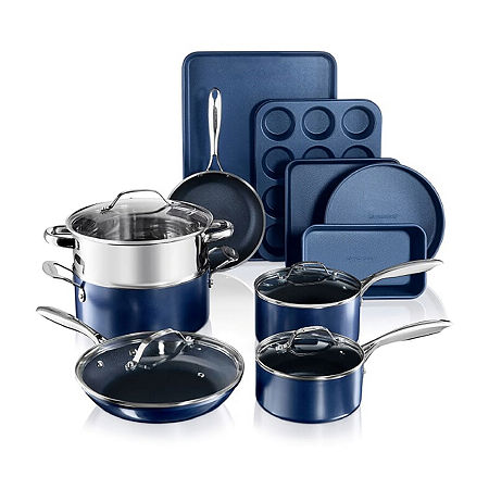 15-Piece Ultra-Durable Non-Stick Diamond Infused Cookware and Bakeware Set - Blue