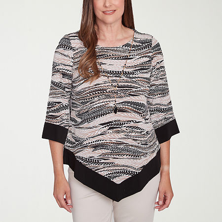 Alfred Dunner Romancing The Stone Womens Crew Neck 3/4 Sleeve T-Shirt  Petite Large  Beige