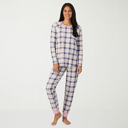 Cuddl Duds Womens 2-Piece Brushed Sweater Knit Long Sleeve Jogger Pajama Set - Pk/blue