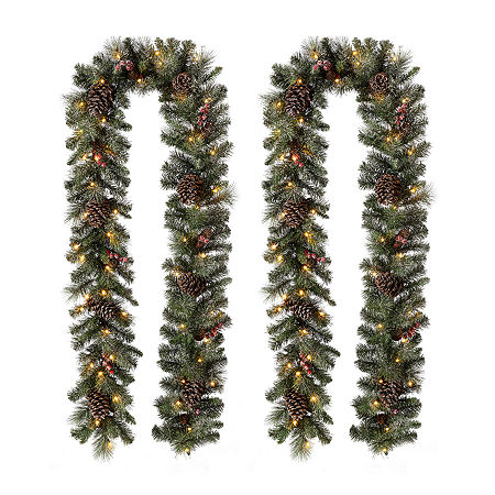 Glitzhome 9 Pre-Lit Glittered Pine Cone Christmas Garland with Warm Led Lights  2 Pack - Green