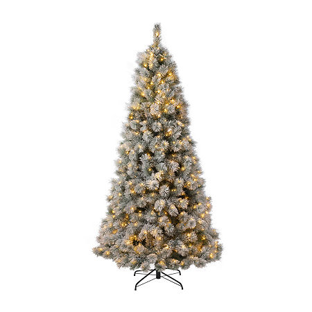 Glitzhome 7.5 Pre-Lit Snow Flocked Artificial Spruce Christmas Tree with 650 Warm Lights - Winter Wht