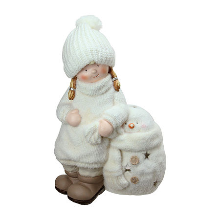 Click here for 17.25 White Tealight Snowman with Standing Girl Ch... prices