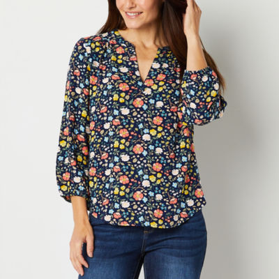 St. John's Bay Womens Split Crew Neck Long Sleeve Blouse, Color: Navy ...