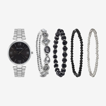 Jessica Carlyle Womens Analog Shiny Silver-Tone Metal Strap Watch 34mm 5 Pieces Bracelet Gift Set - Black  Silver