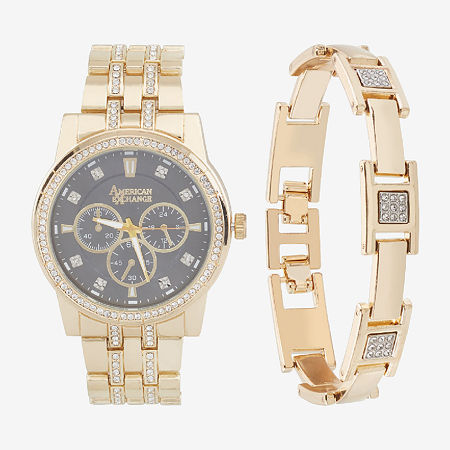 American Exchange Mens Crystal Bracelet Watch 46mm Gift Set - Gold