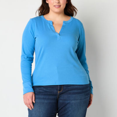 a.n.a Plus Ribbed Womens Split Crew Neck Long Sleeve Henley Shirt ...