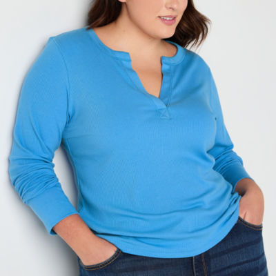 a.n.a Plus Ribbed Womens Split Crew Neck Long Sleeve Henley Shirt ...