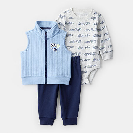 Carters Baby Boys 3-Piece Race Car Quilted Sleeveless Vest  Bodysuit and Pants Set - Blue