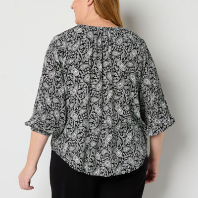 Liz Claiborne Plus Womens V Neck 3/4 Sleeve Blouse - JCPenney