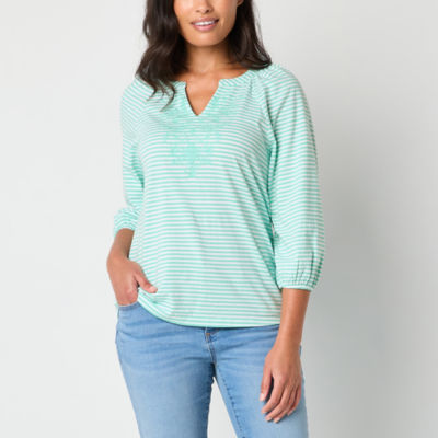 St. John's Bay Womens Split Crew Neck Long Sleeve Embroidered Blouse ...