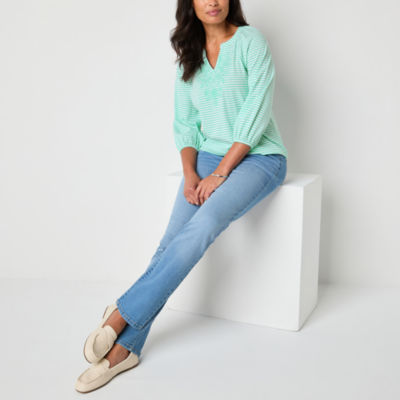 St. John's Bay Womens Split Crew Neck Long Sleeve Embroidered Blouse ...