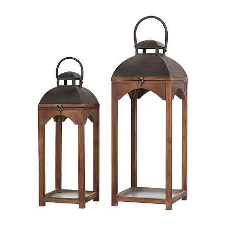 Glitzhome Set of 2 Whiskey Brown Farmhouse Modern Wood/Metal Lanterns - Brown