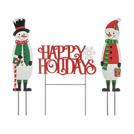 Glitzhome 32H Set of 3 Christmas Metal Snowman and Happy Holidays Yard Stake - MULTI