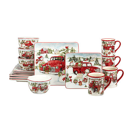 Certified International Red Truck Snowman 16 Piece Dinnerware Set - Red and White