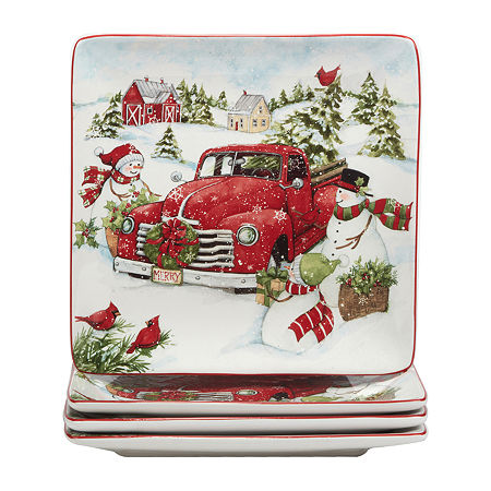 Certified International Red Truck Snowman 4 Piece Dinner Plate Set - Red and White