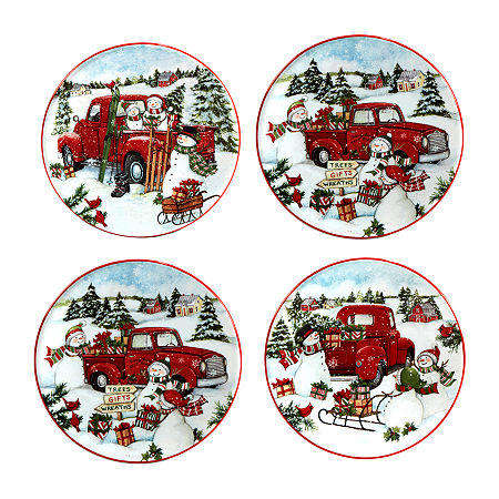 Certified International Red Truck Snowman 4 Piece Canape Plate Set - Red and White