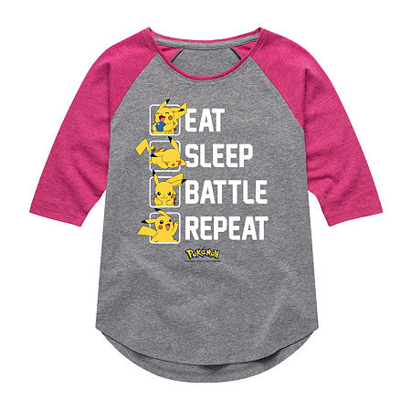 Little & Big Kid Girls Crew Neck Elbow Sleeve Regular Fit Pokeman Graphic T-Shirt  Medium  Gray