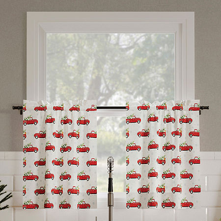 Christmas Pickup Truck Semi-Sheer Rod Pocket Kitchen Curtain Valance - Holiday red