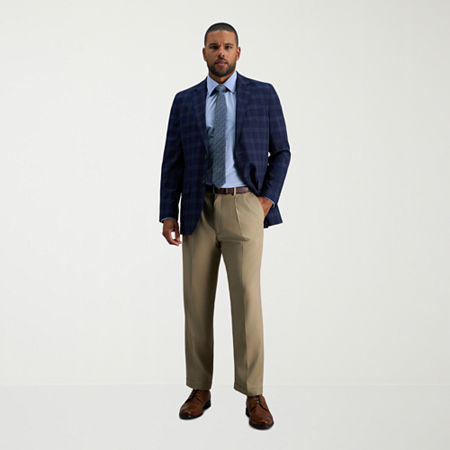 Haggar Mens Premium Comfort Stretch Classic-Fit Solid Pleated Dress Pants - Med Khaki