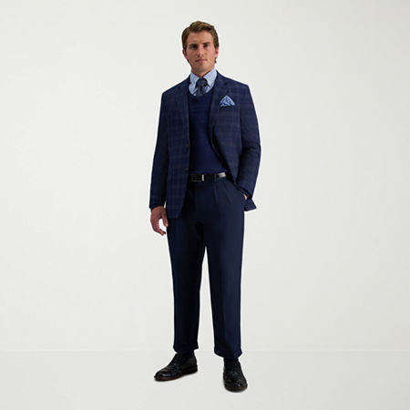 Haggar Mens Premium Comfort Stretch Classic-Fit Solid Pleated Dress Pants - Indigo