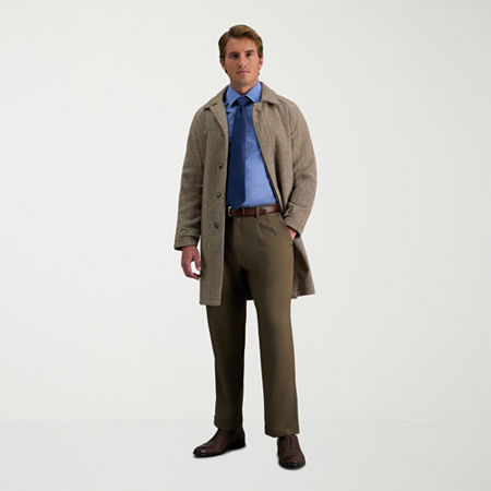 Haggar Mens Eclo Stria Classic Fit Pleated Hidden Expandable Waistband Dress Pants - Khaki