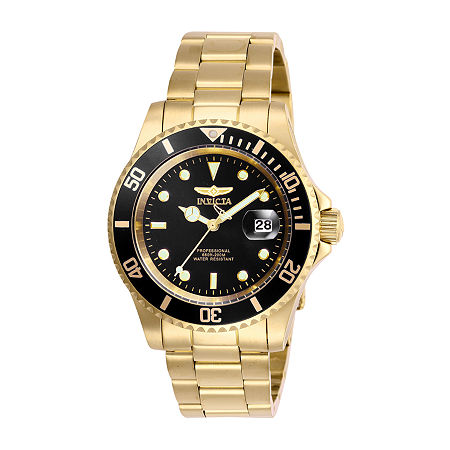 Invicta Mens 26975 Pro Diver Quartz 3 Hand Black Dial Watch - Gold