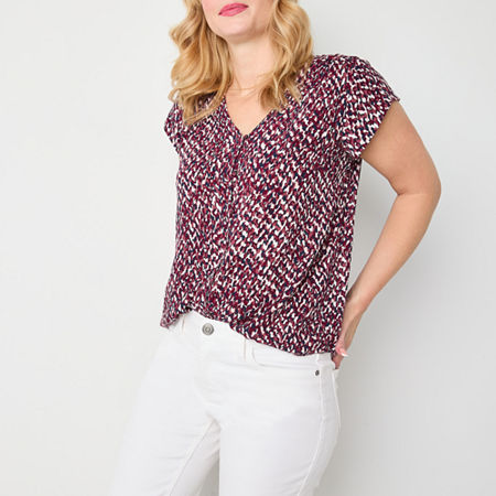Liz Claiborne Womens V Neck Short Sleeve Tall Blouse  Large Tall  Red