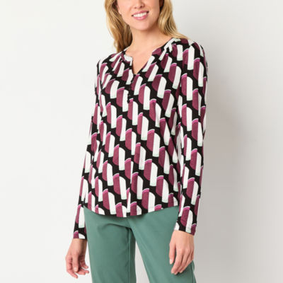 Liz Claiborne Tall Womens Split Crew Neck Long Sleeve Blouse - JCPenney
