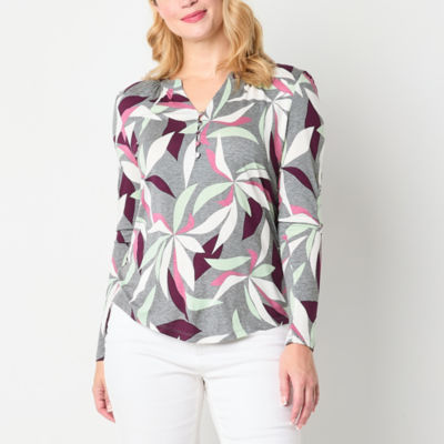 Liz Claiborne Womens Split Crew Neck Long Sleeve Blouse - JCPenney