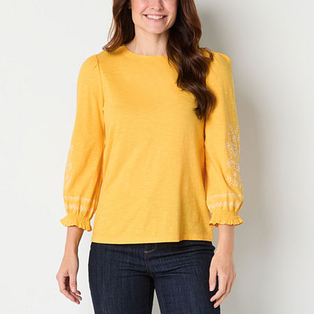 Click here for St. Johns Bay Womens Round Neck 3/4 Sleeve Embroid... prices