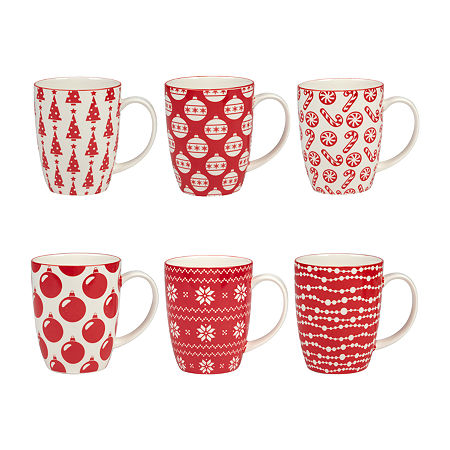Certified International Peppermint Candy 16 oz Mugs Set of 6  Service for 6 - Red