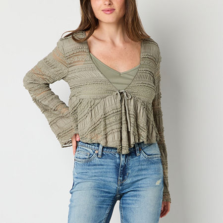 Arizona Womens Juniors V Neck Long Sleeve Crop Top  Medium  Green
