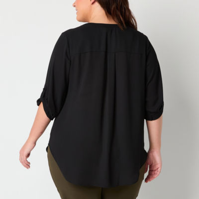 Worthington Plus Womens Split Crew Neck 3/4 Sleeve Blouse - JCPenney