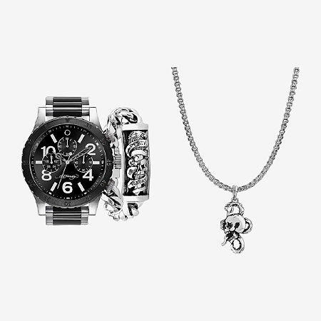 Ed Hardy Mens Two-Tone Metal Bracelet Watch 46mm Gift Set - Gunmetal Sunray  Brushed Silver-Tone Gun