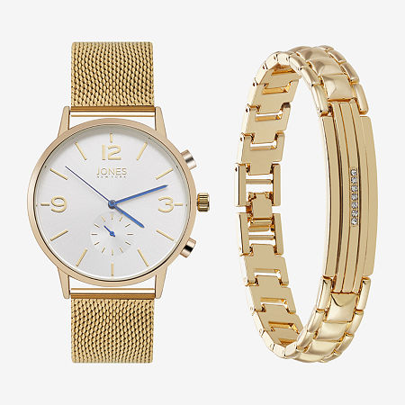 Jones New York Mens Analog Gold-Tone Metal Alloy Bracelet Watch  42mm and Bracelet Set - Silver  Gold
