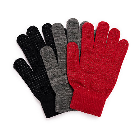 Muk Luks Womens 3 Pair Pack of Gloves  Red/Grey/Black  One Size - Red/grey/black