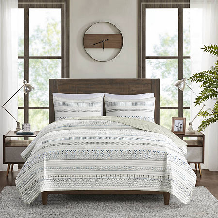 Madison Park Fraser Reversible Printed Microfiber Seersucker 3-Pc. Quilt Set  Full/Queen - Taupe Multi