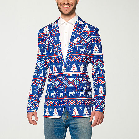 Suitmeister Mens Blue Christmas Blazer - Ugly X- Mas Holiday Festive Nordic Print - Blue - White - Blue