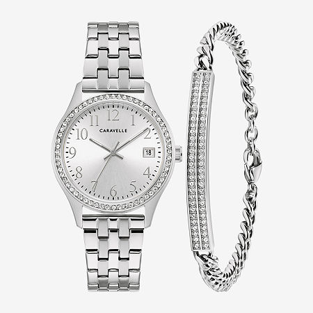 Caravelle designed by Bulova Womens Crystal Stainless Steel Bracelet Watch 32mm Gift Set - Silver-tone