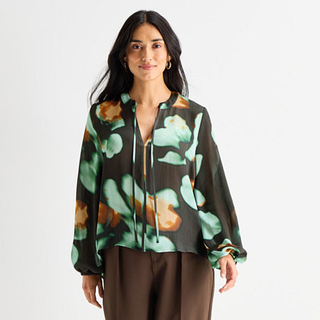 Click here for Worthington Womens Split Tie Neck Long Sleeve Blou... prices