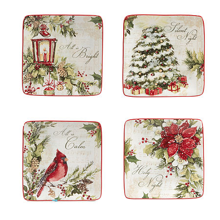 Certified International Silent Night 4 Piece Canape Plate Set - Red and White