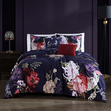 Bebejan Deep Purple Garden Bedding 200 Thread Count 100 Cotton Sateen 5 Piece Queen Size Reversible Comforter Set - Purple