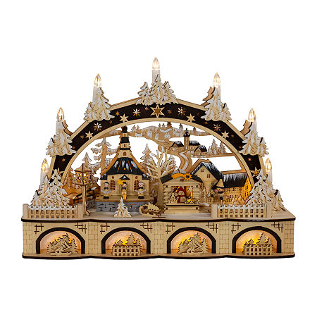 Kurt Adler 17.72-Inch Wooden Led Light-Up Christmas Village with Candle - Brown