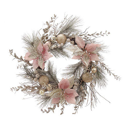 Kurt Adler 20 Wreath with Pink Poinsettias and Ornaments - Gold
