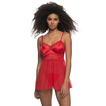 Jezebel Womens Heat Satin and Lace Babydoll Set - Lychee