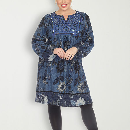 White Mark Plus Size Paisley Flower Embroidered Sweater Dress - Blue