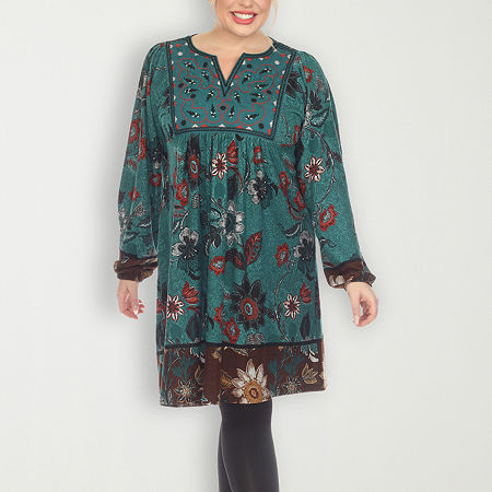 White Mark Plus Size Paisley Flower Embroidered Sweater Dress - Aqua