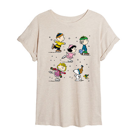 Click here for Peanuts Skating Tee Womens Juniors Scoop Neck Shor... prices