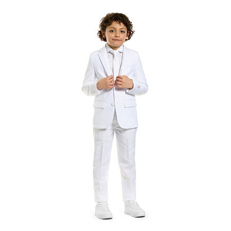 OppoSuits Boys White Knight Solid Suit Including Blazer  Pants and Clip-On-Tie - White